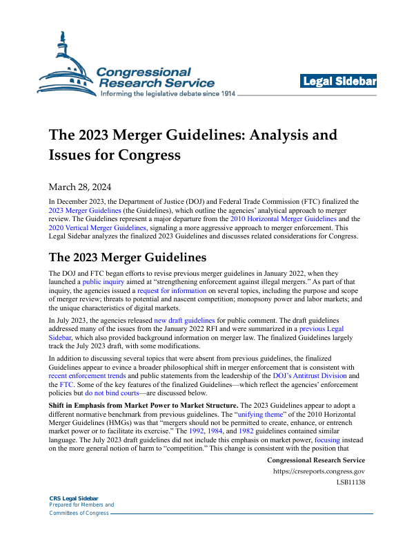 The 2023 Merger Guidelines: Analysis and Issues for Congress ...