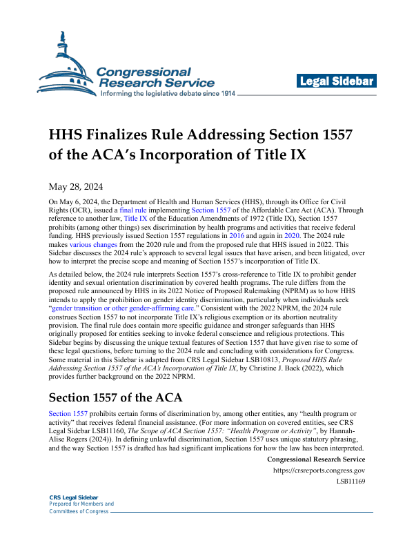 HHS Finalizes Rule Addressing Section 1557 of the ACA’s Incorporation ...