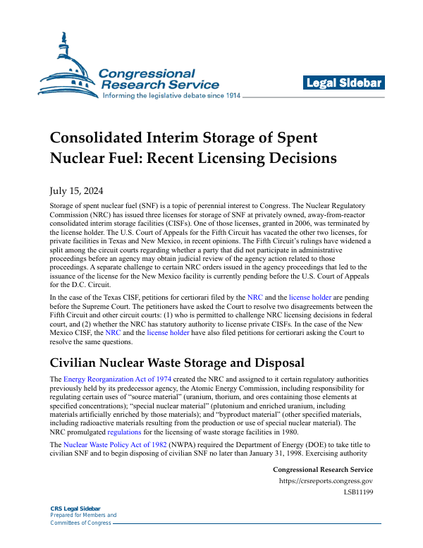 Consolidated Interim Storage of Spent Nuclear Fuel: Recent Licensing ...