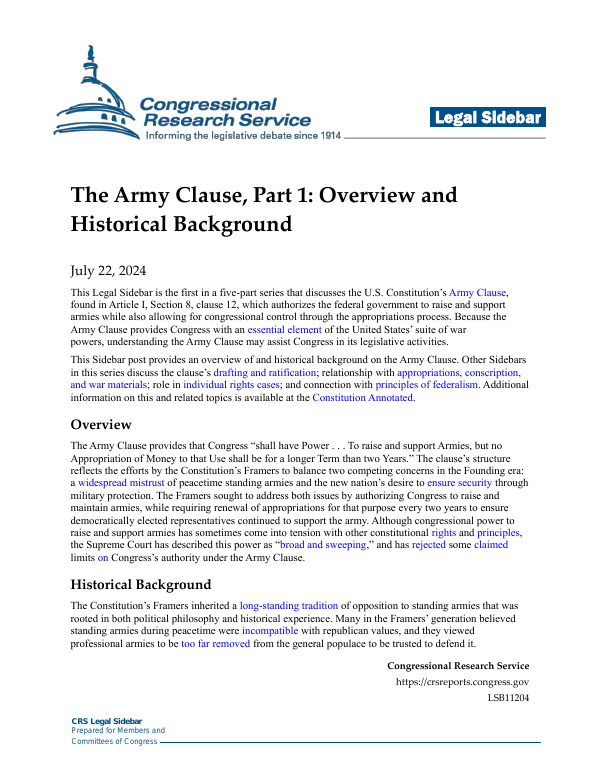 The Army Clause, Part 1: Overview and Historical Background ...
