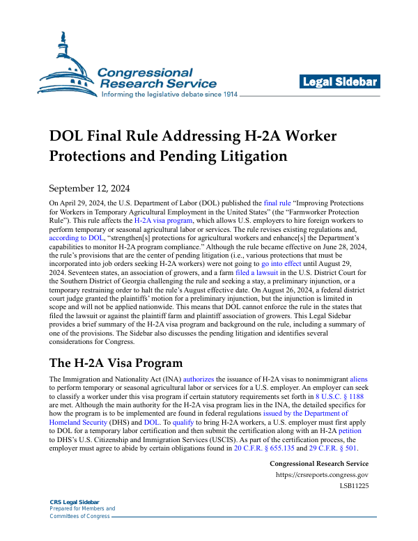 DOL Final Rule Addressing H-2A Worker Protections and Pending ...