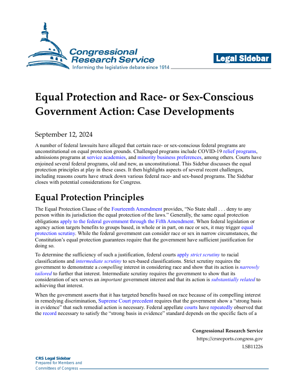 Equal Protection and Race- or Sex-Conscious Government Action: Case ...