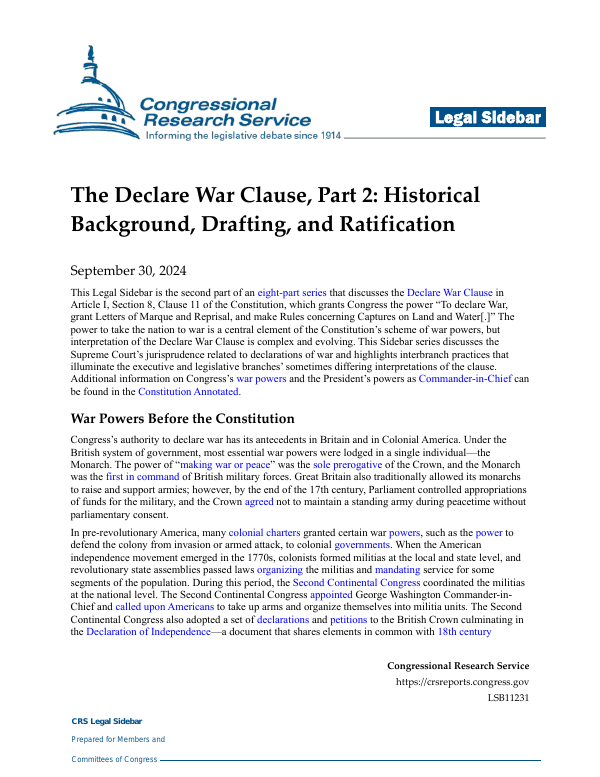 The Declare War Clause, Part 2: Historical Background, Drafting, and ...