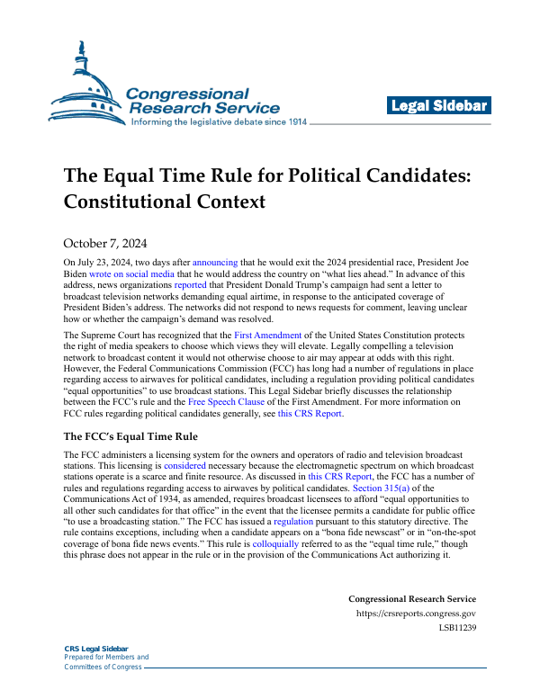 The Equal Time Rule for Political Candidates: Constitutional Context ...