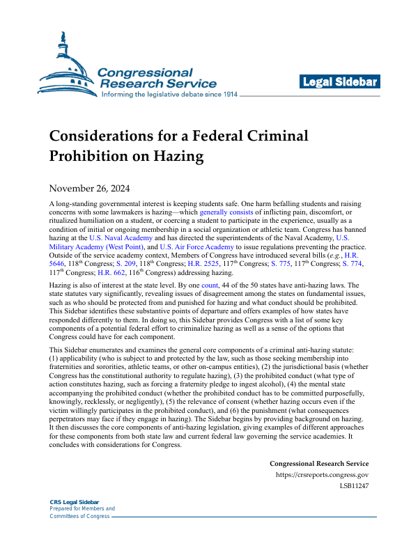 Considerations for a Federal Criminal Prohibition on Hazing ...