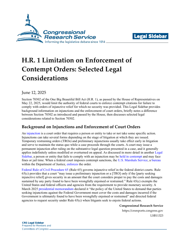 H.R. 1 Limitation on Enforcement of Contempt Orders: Selected Legal Considerations ...