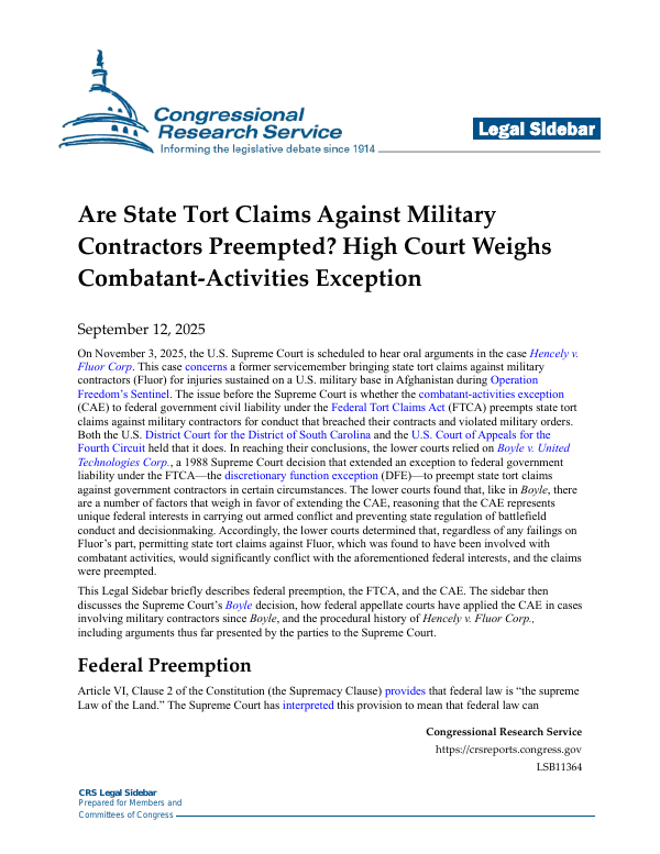 Are State Tort Claims Against Military Contractors Preempted? High ...