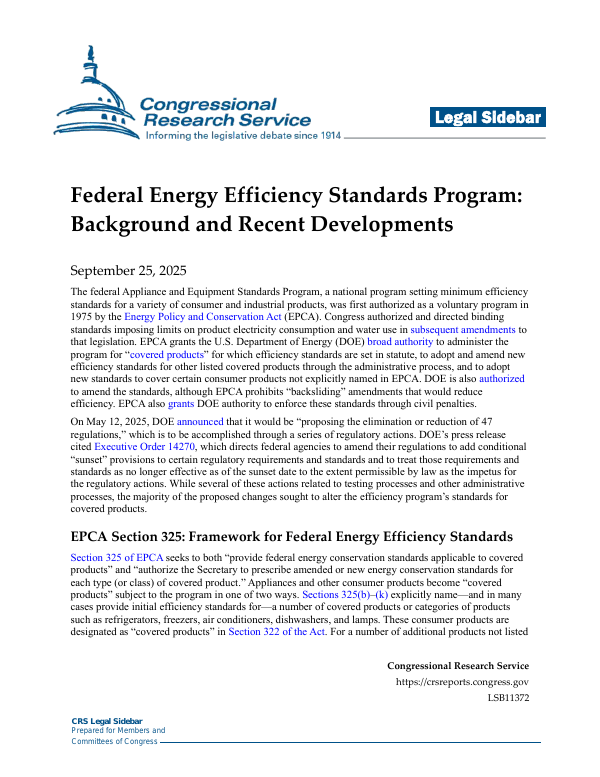 Federal Energy Efficiency Standards Program: Background and Recent ...