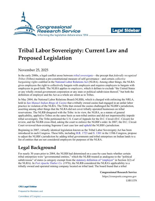 Tribal Labor Sovereignty: Current Law and Proposed Legislation ...