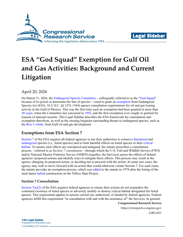 ESA “God Squad” Exemption for Gulf Oil and Gas Activities: Background ...