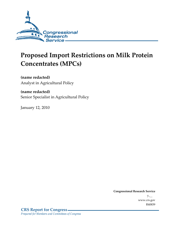 Proposed Import Restrictions on Milk Protein Concentrates (MPCs ...