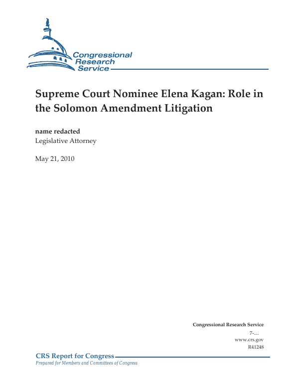 Supreme Court Nominee Elena Kagan: Role in the Solomon Amendment ...
