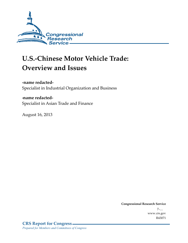 U.S.-Chinese Motor Vehicle Trade: Overview and Issues - EveryCRSReport.com