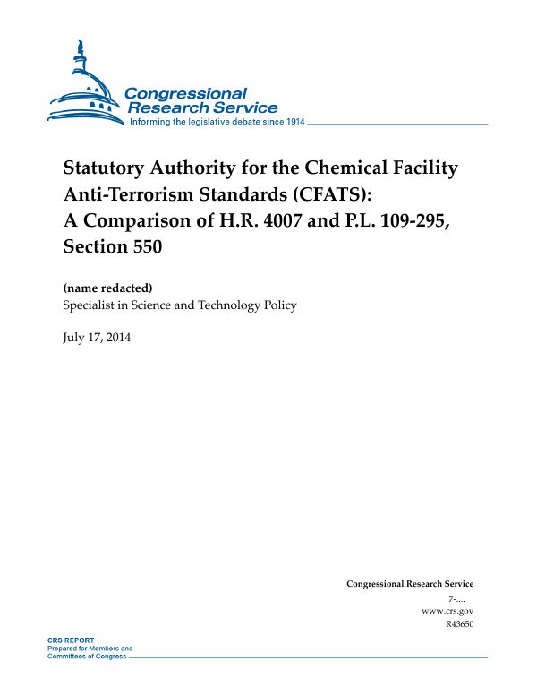 Statutory Authority for the Chemical Facility Anti-Terrorism Standards ...