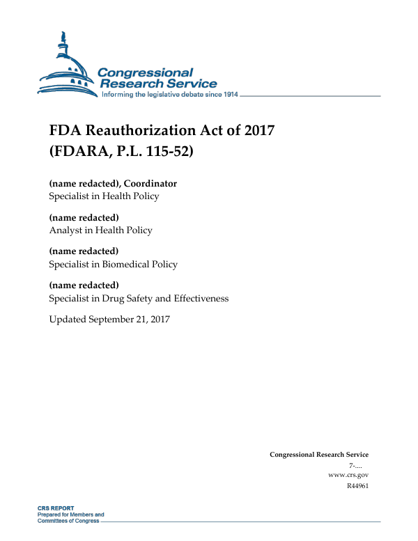 FDA Reauthorization Act of 2017 (FDARA, P.L. 115-52) - EveryCRSReport.com