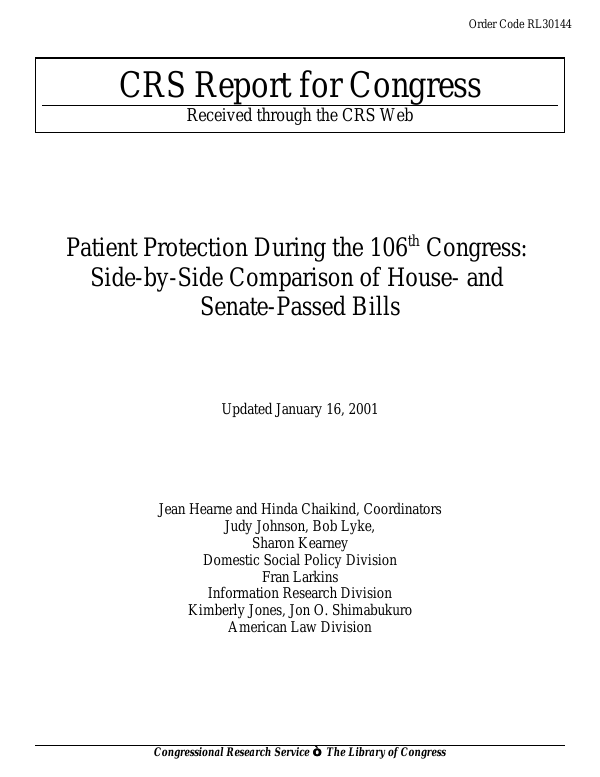 Patient Protection During the 106th Congress: Side-by-Side Comparison ...