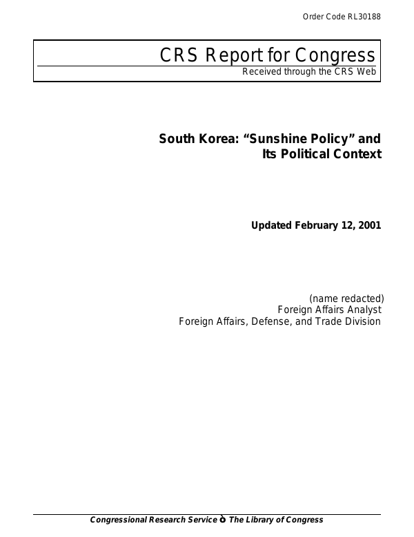 South Korea: "Sunshine Policy" and Its Political Context ...