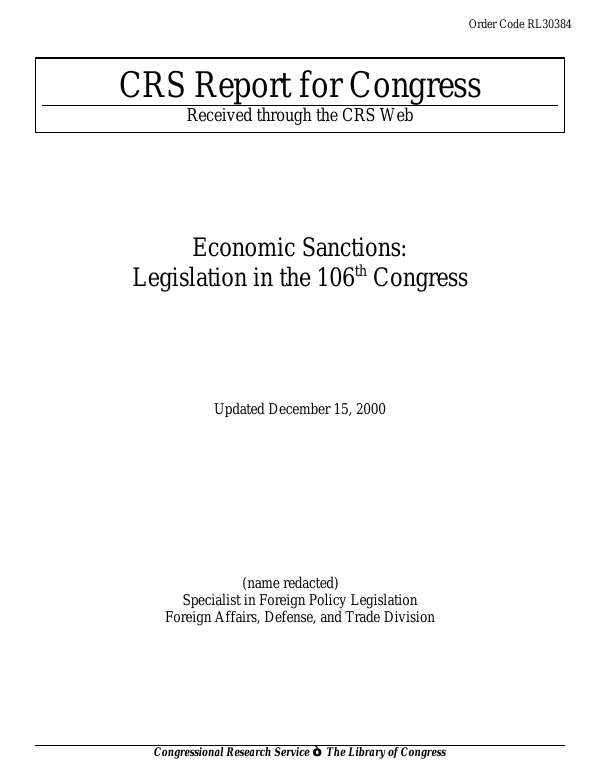 Economic Sanctions: Legislation in the 106th Congress - EveryCRSReport.com