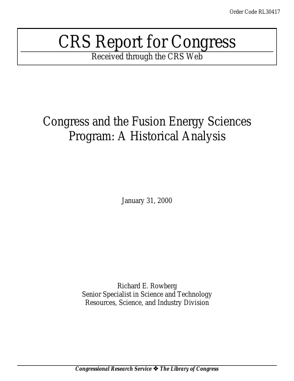 Congress and the Fusion Energy Sciences Program: A Historical Analysis ...