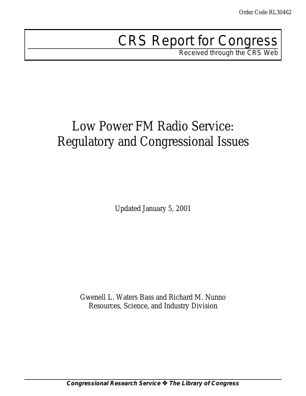 Low Power FM Radio Service: Regulatory and Congressional Issues ...