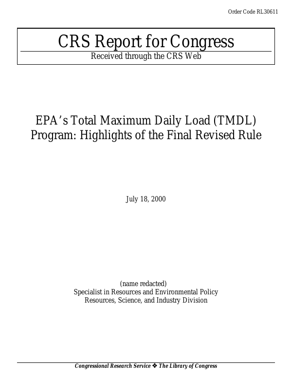 EPA's Total Maximum Daily Load (TMDL) Program: Highlights of the Final ...