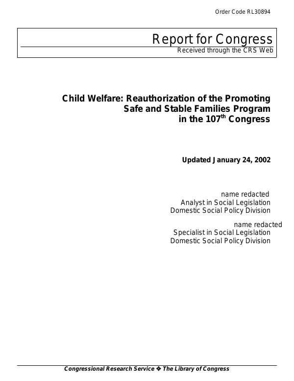 Child Welfare: Reauthorization of the Promoting Safe and Stable ...