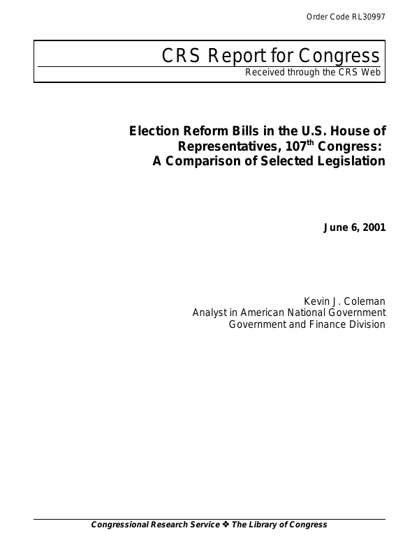 Election Reform Bills in the U.S. House of Representatives, 107th ...