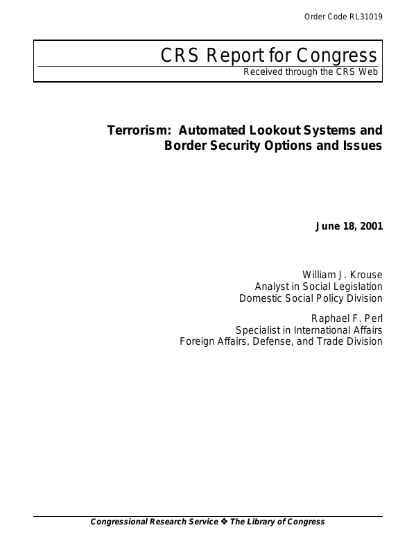 Terrorism: Automated Lookout Systems and Border Security Options and ...