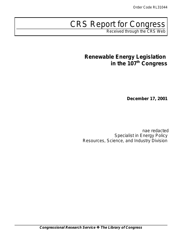 Renewable Energy Legislation in the 107th Congress - EveryCRSReport.com