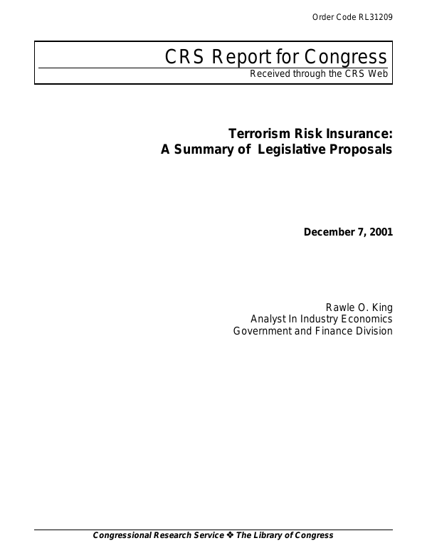 Terrorism Risk Insurance: A Summary of Legislative Proposals ...