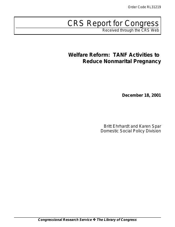 Welfare Reform: TANF Activities to Reduce Nonmarital Pregnancy ...