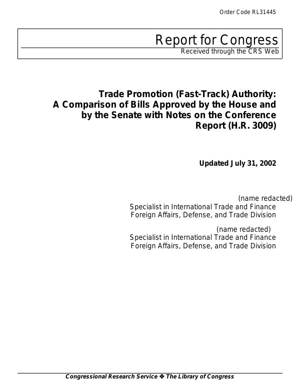 Trade Promotion (Fast-Track) Authority: A Comparison of Bills Approved ...