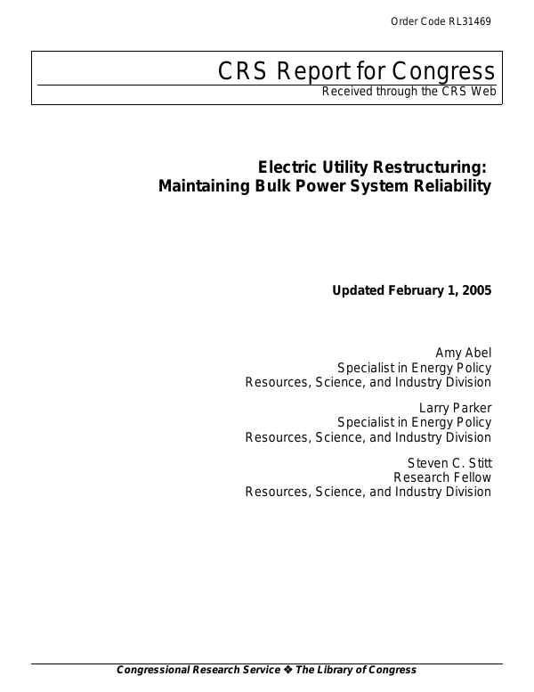 Electric Utility Restructuring: Maintaining Bulk Power System ...