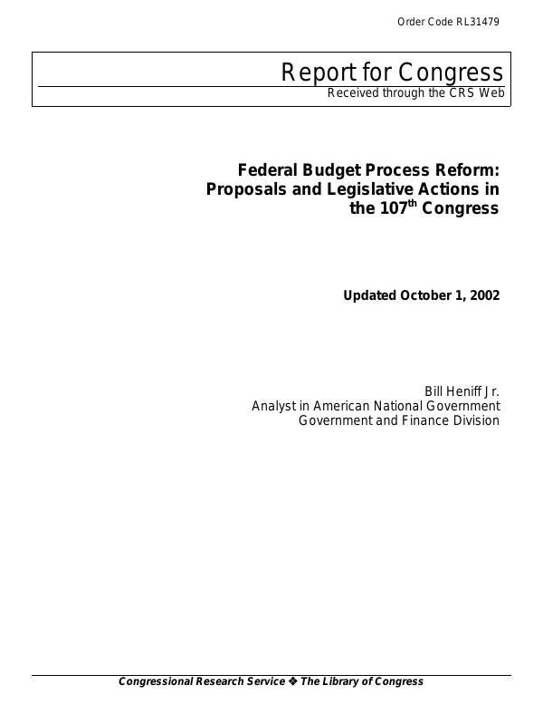 Federal Budget Process Reform: Proposals and Legislative Actions in the ...