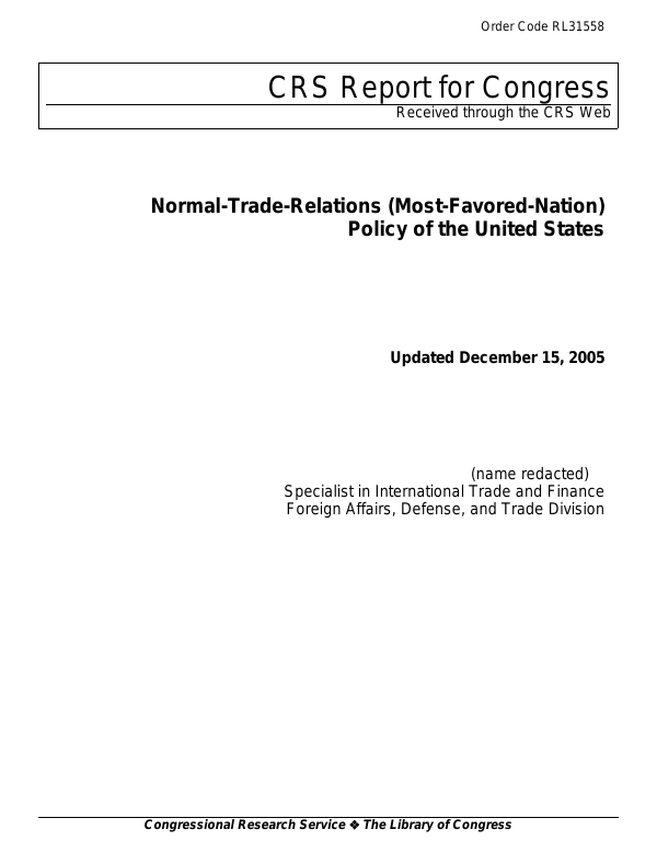 Normal-Trade-Relations (Most-Favored-Nation) Policy of the United ...