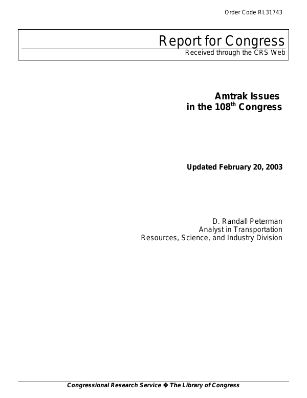 Amtrak Issues in the 108th Congress - EveryCRSReport.com