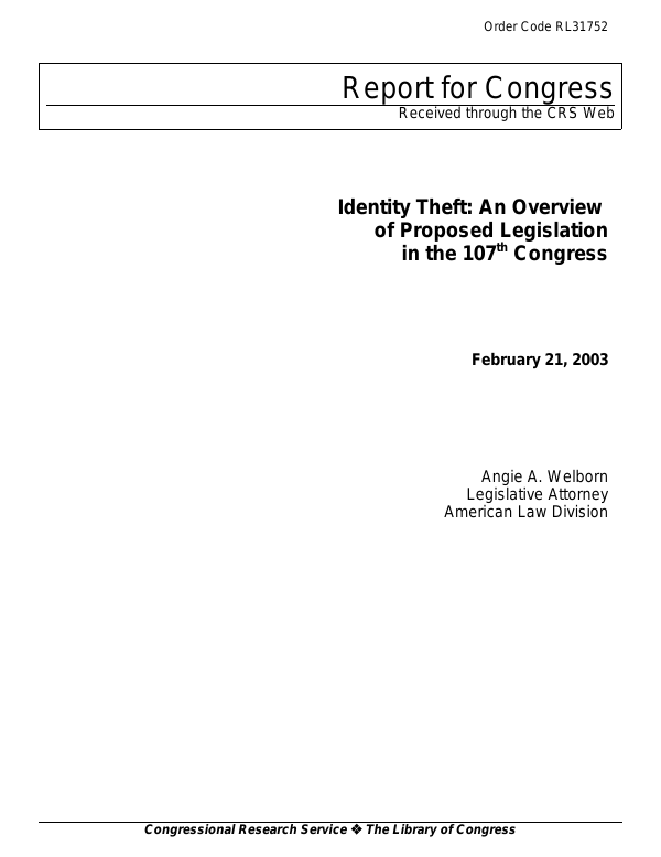 Identity Theft: An Overview of Proposed Legislation in the 107th ...