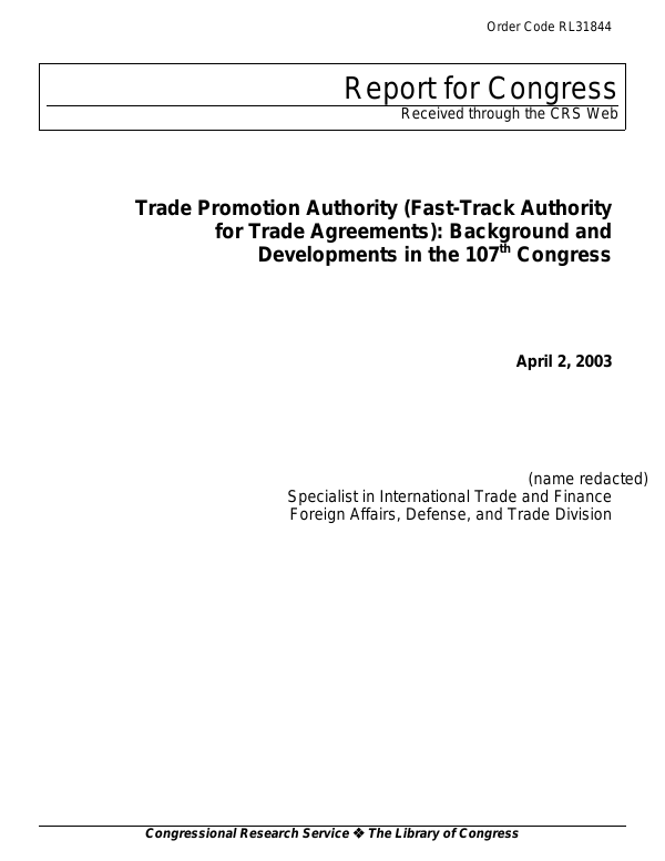 Trade Promotion Authority (Fast-Track Authority for Trade Agreements ...