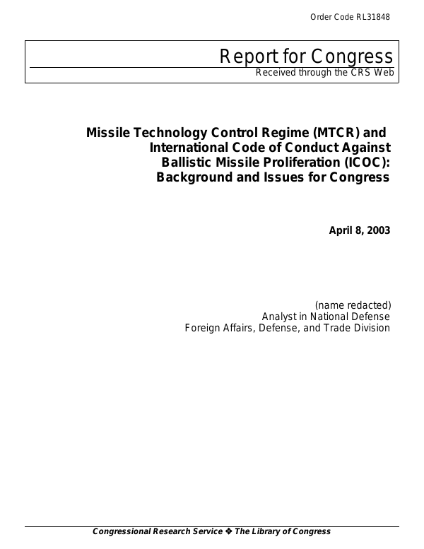 Missile Technology Control Regime (MTCR) and International Code of ...