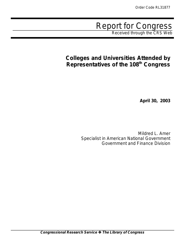 Colleges and Universities Attended by Representatives of the 108th ...