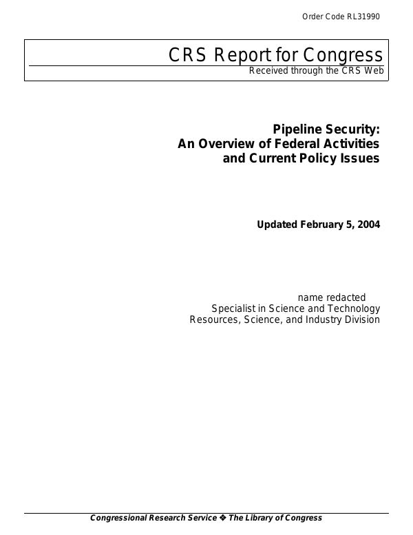 Pipeline Security: An Overview of Federal Activities and Current Policy ...