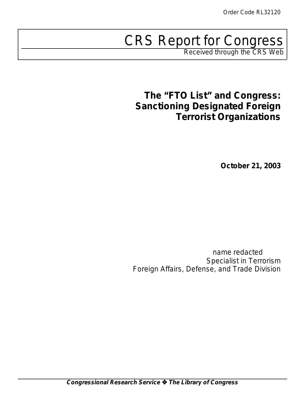 The "FTO List" and Congress: Sanctioning Designated Foreign Terrorist ...