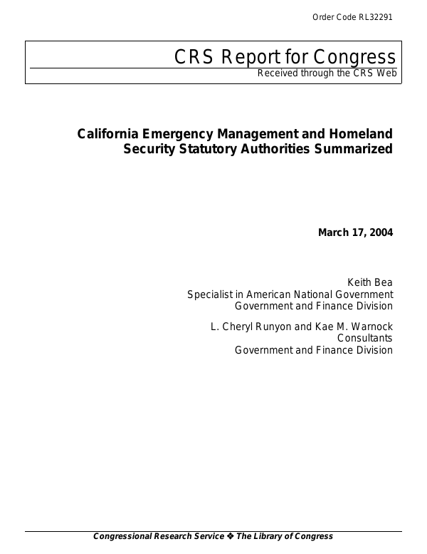 California Emergency Management and Homeland Security Statutory ...