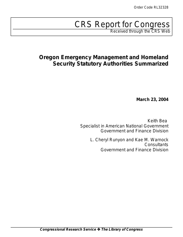 Oregon Emergency Management and Homeland Security Statutory Authorities ...
