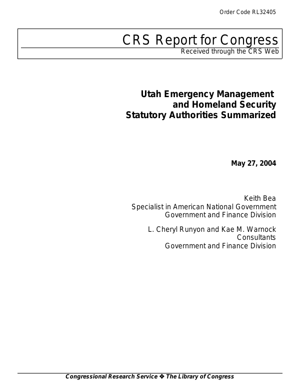 Utah Emergency Management and Homeland Security Statutory Authorities ...