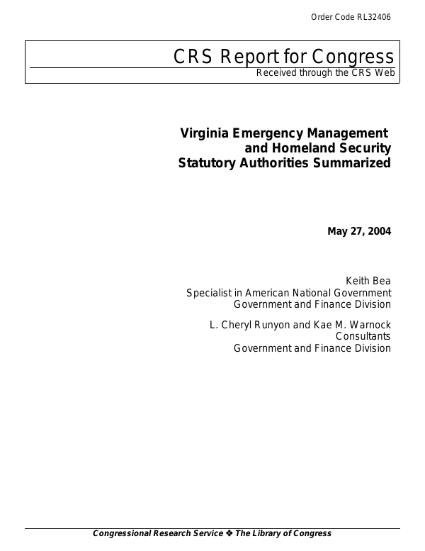 Virginia Emergency Management and Homeland Security Statutory ...