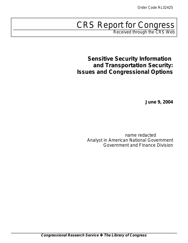 Sensitive Security Information and Transportation Security: Issues and ...