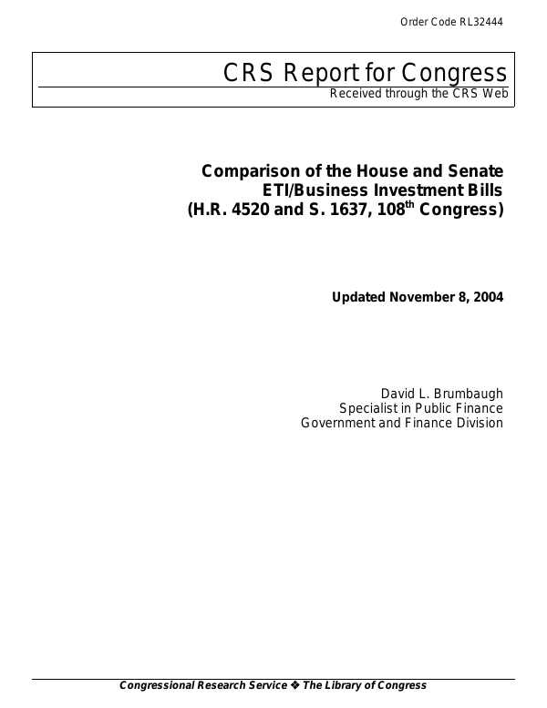 Comparison of the House and Senate ETI/Business Investment Bills (H.R ...