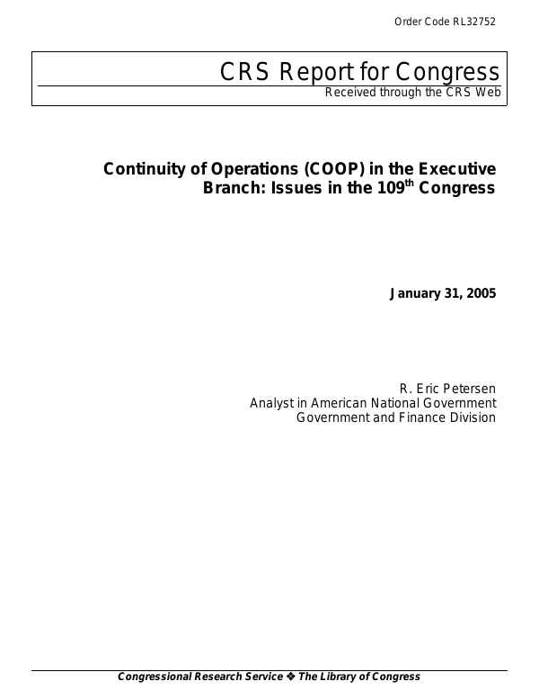 Continuity of Operations (COOP) in the Executive Branch: Issues in the ...