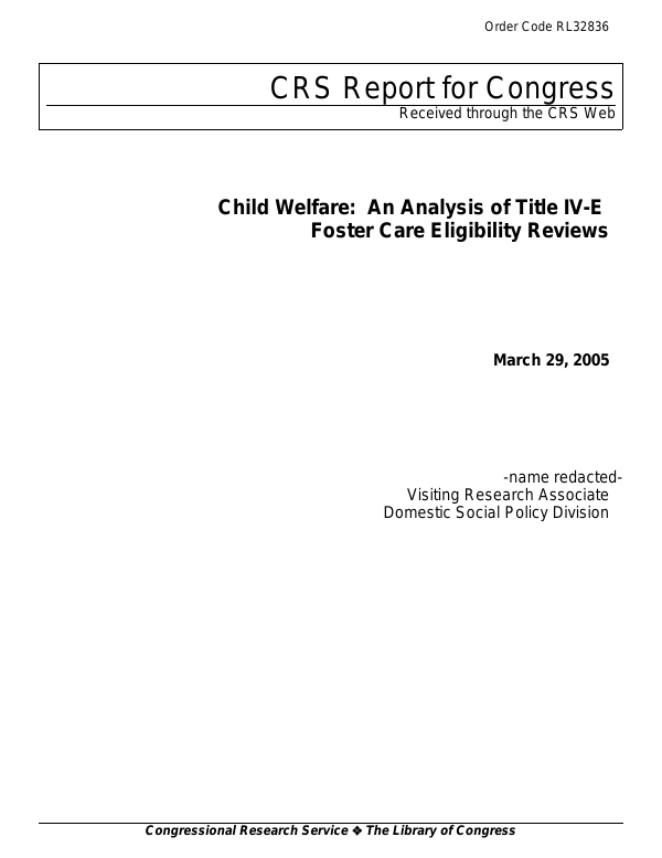 Child Welfare: An Analysis of Title IV-E Foster Care Eligibility ...